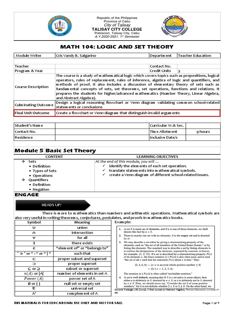 MODULE 5 Logic and Set Theory | PDF | Set (Mathematics) | Empty Set
