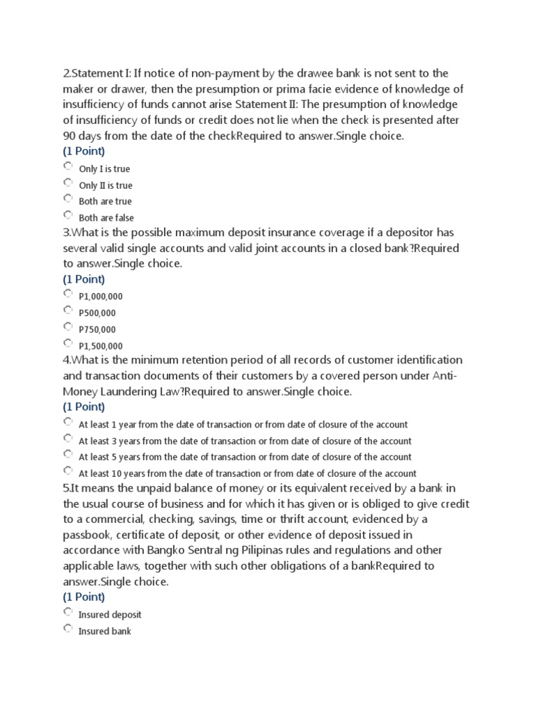Law BANKING Laws Questions | PDF | Cheque | Deposit Account