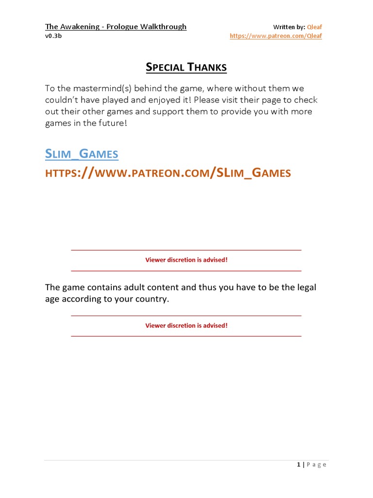 The Awakening - Prologue v0.3b Walkthrough | PDF