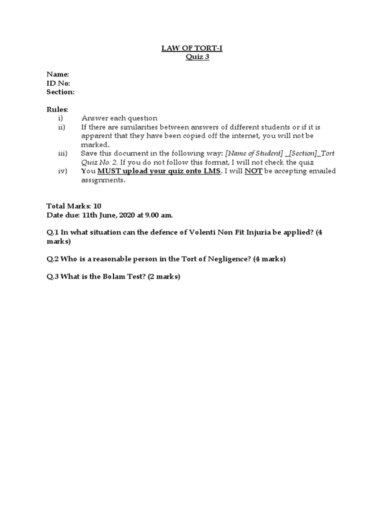 Tort Law Quiz Instructions and Questions | PDF