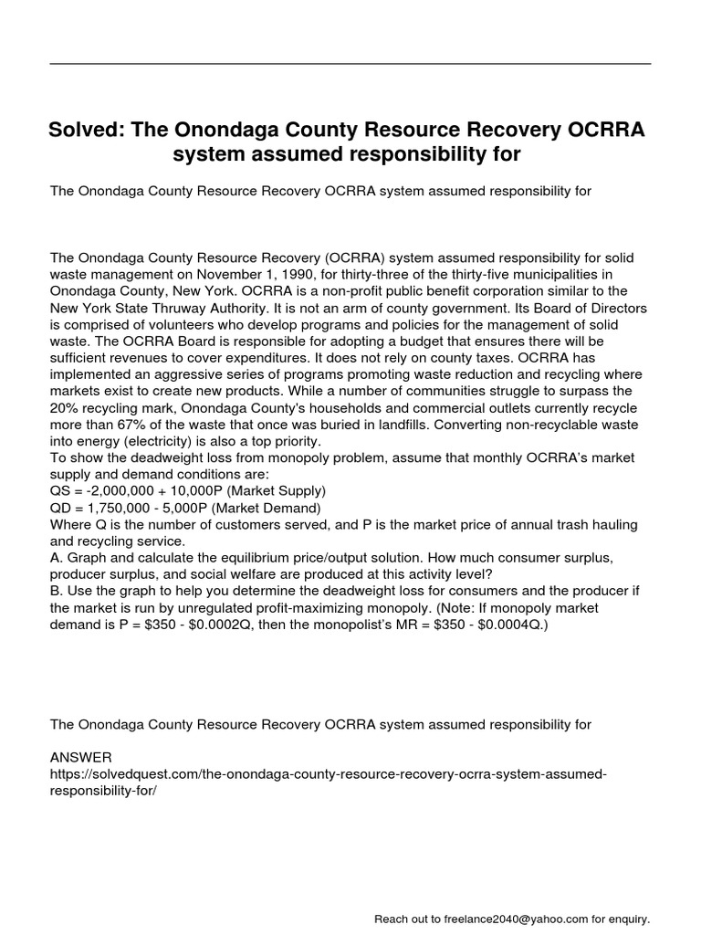 The Onondaga County Resource Recovery Ocrra System Assumed ...