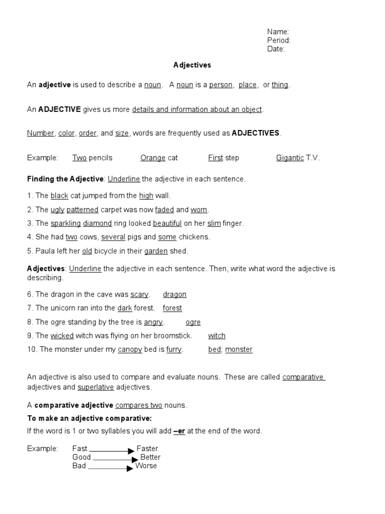 Adjectives Guided Notes Complete | PDF | Adjective | Syntax