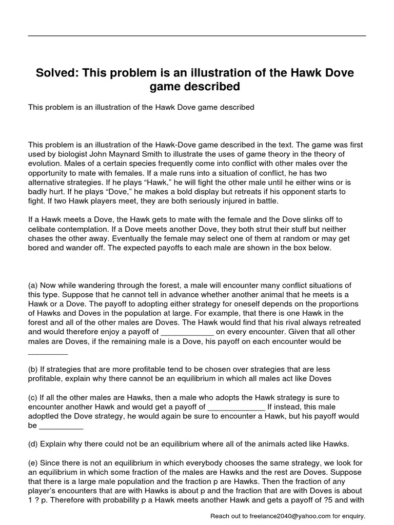 This Problem Is An Illustration of The Hawk Dove Game Described | PDF ...