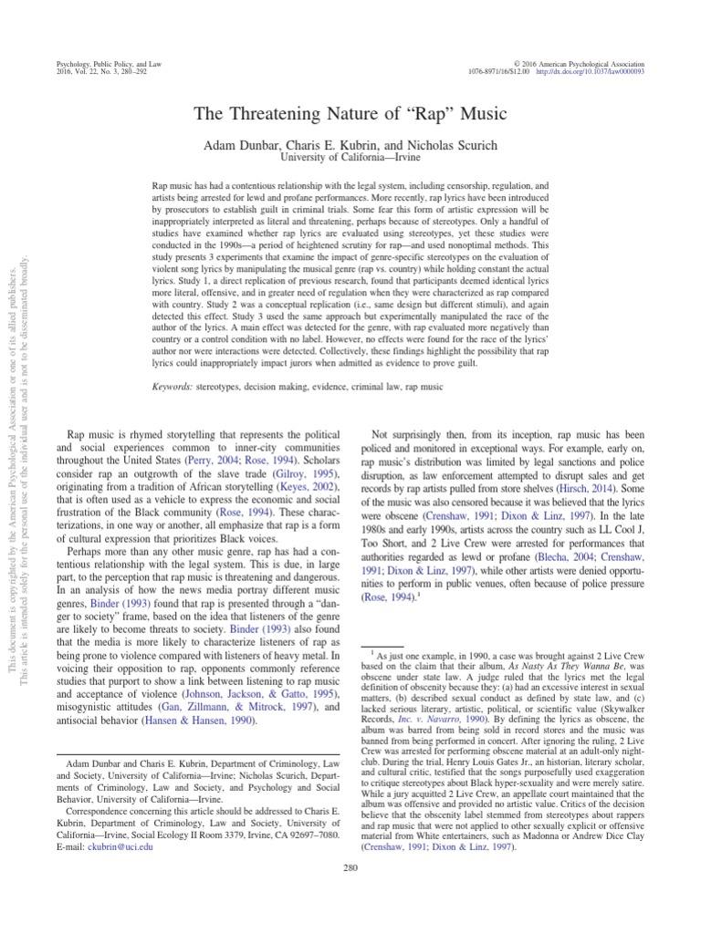 The Threatening Nature of "Rap" Music: Adam Dunbar, Charis E. Kubrin ...