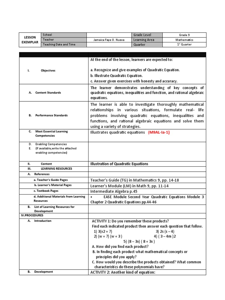 Lesson Exemplar (Grade 9 Math) - Nueva | Download Free PDF | Equations ...