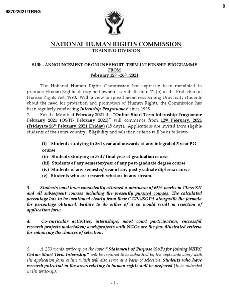 National Human Rights Commission: Sub: - Announcement of Online Short ...