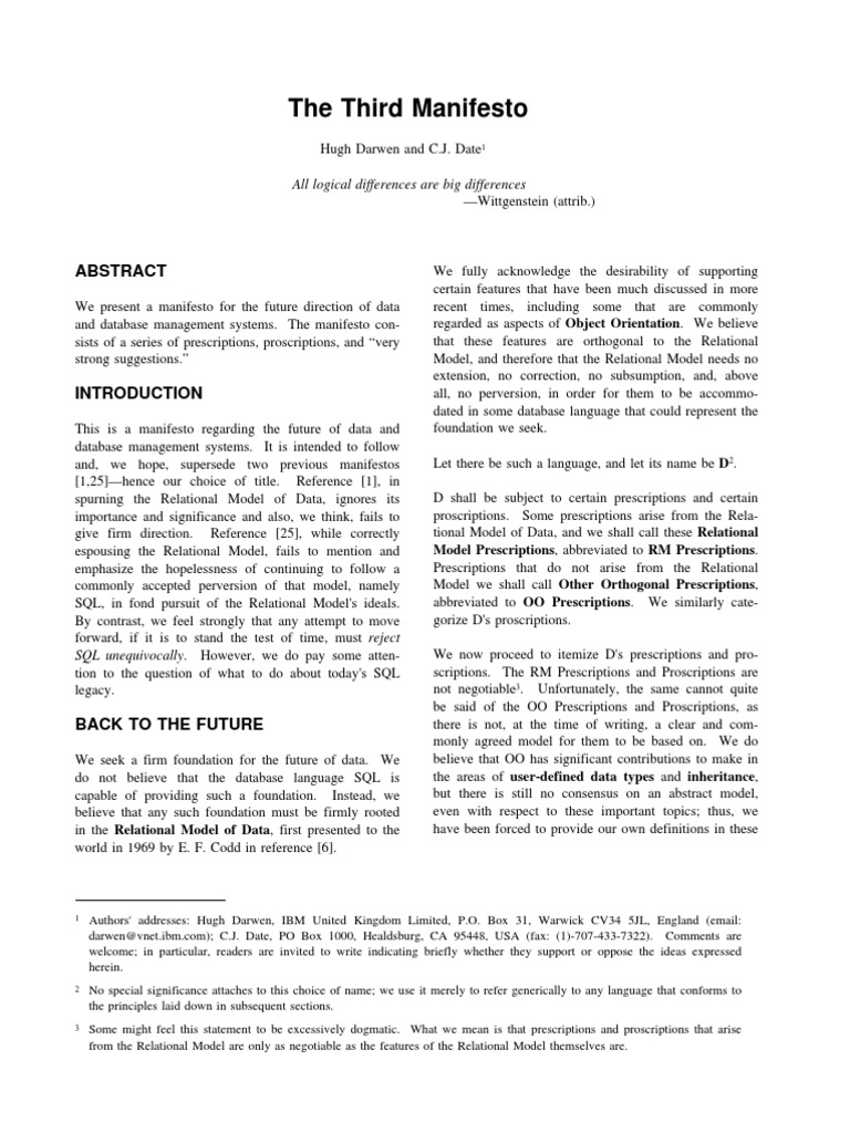 The Third Manifesto: All Logical Differences Are Big Differences | PDF ...