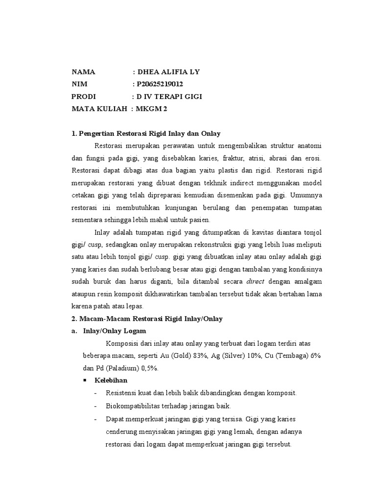 Restorasi Inlay Porselen dalam Terapi Gigi | PDF