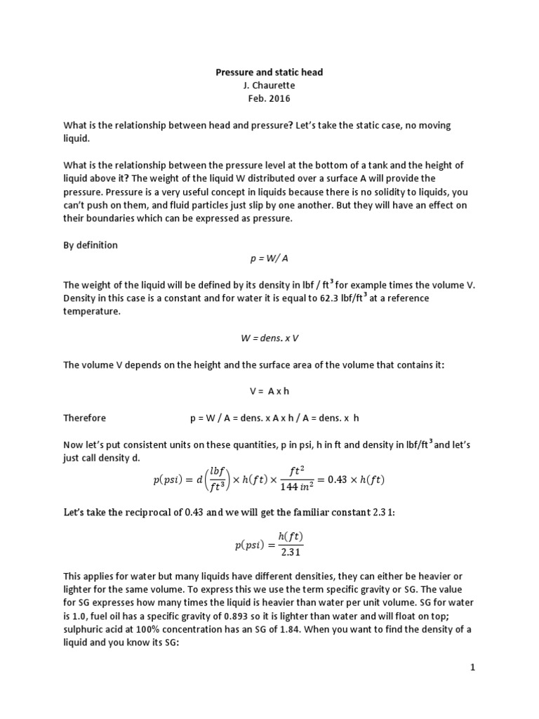 Pressure and Static Head | PDF | Pressure | Density