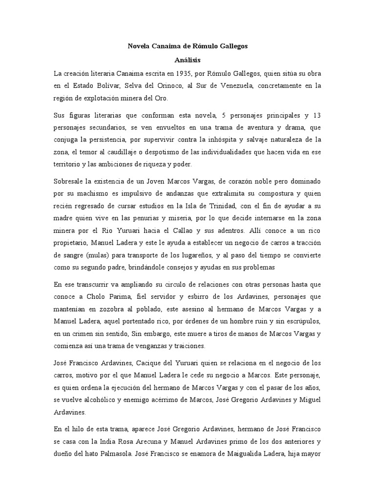 Novela Canaima de Rómulo Gallegos | PDF
