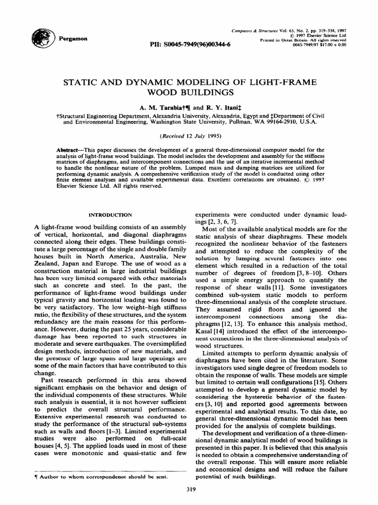 Static and Dynamic Modeling of Light-Frame Wood Buildings | Download Free PDF | Stiffness ...