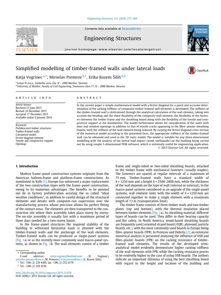 Simplified Modelling of Timber - Framed Walls Under Lateral Loads | PDF ...