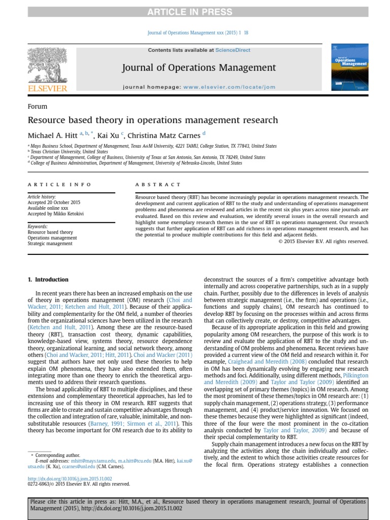 Journal of Operations Management: Michael A. Hitt, Kai Xu, Christina ...