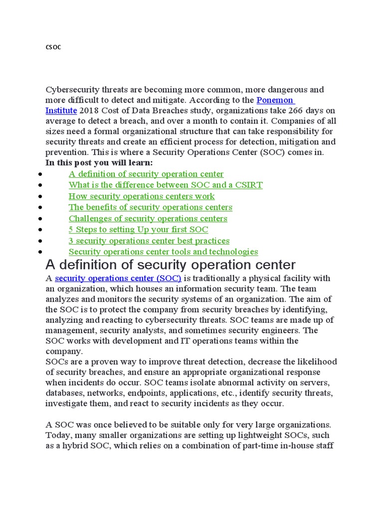 A Definition of Security Operation Center: Ponemon Institute | PDF ...