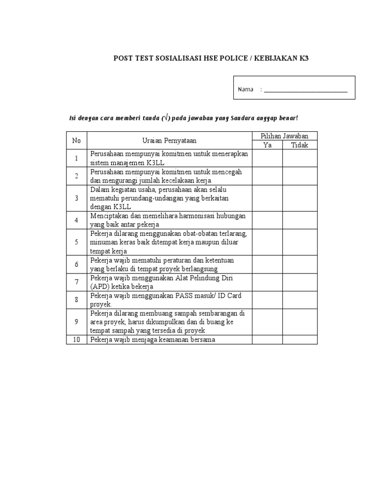 Post Test Sosialisasi Hse Police | PDF