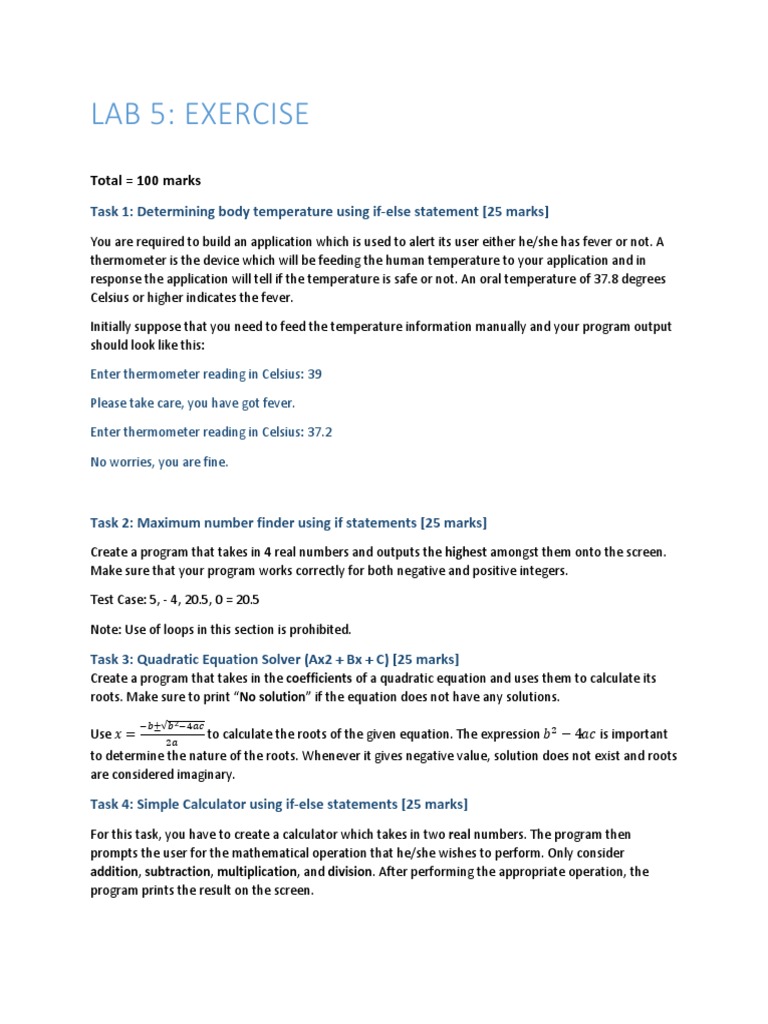 Lab 5: Exercise: Total 100 Marks | PDF