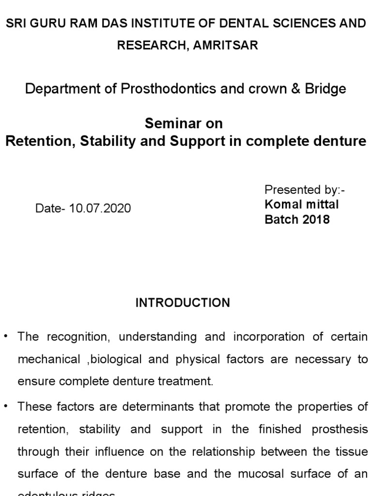 Retention and Stability in Complete Dentures | PDF | Dentures | Bone