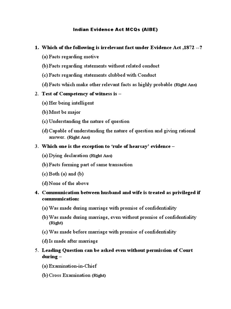 AIBE MCQs on Indian Evidence Act | PDF | Evidence (Law) | Evidence