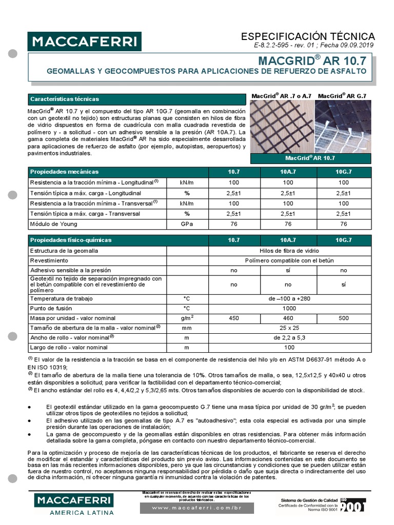 Especificaciones de MacGrid® AR 10.7 | PDF | Materiales | Naturaleza