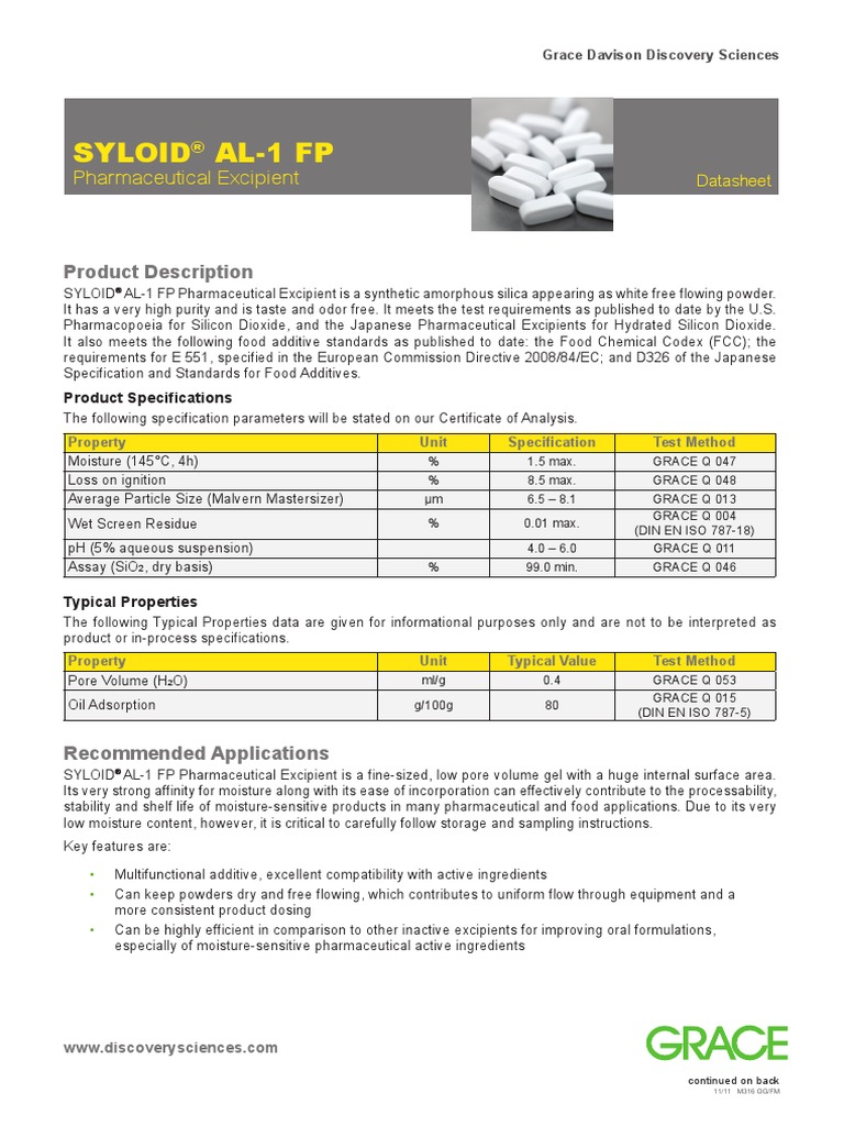Syloid Al-1 FP: Pharmaceutical Excipient | PDF | Silicon Dioxide ...