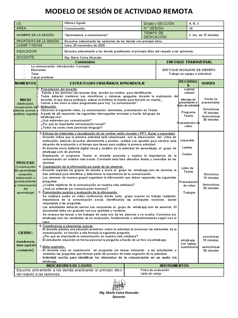 MODELO - SESION DE APRENDIZAJE REMOTA - Virtual | Descargar gratis PDF | Evaluación | Comunicación