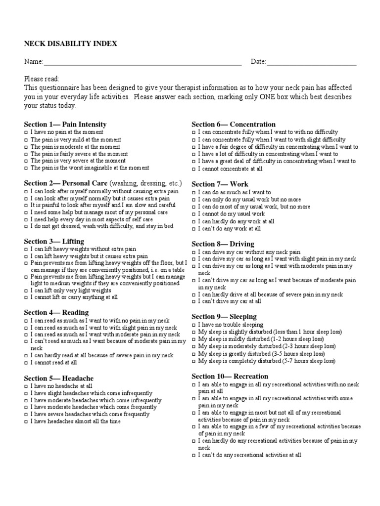 Neck Disability Index | PDF | Headache | Pain