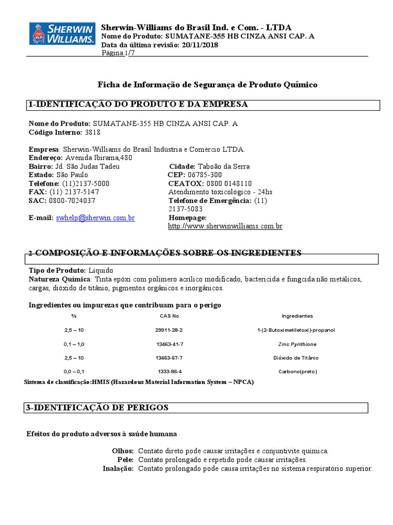 FISPQ Sherwin Williams 355 Epóxi | PDF | Embalagem e rotulagem | Desperdício