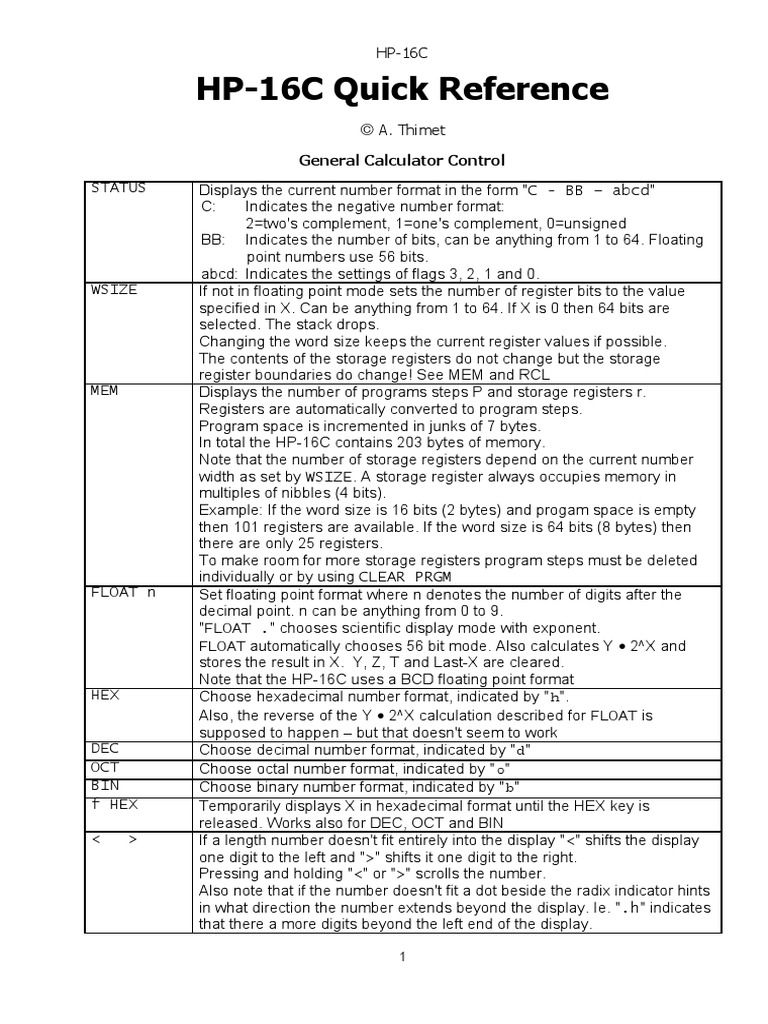 HP 16C Quick Reference | PDF | Binary Coded Decimal | Numbers