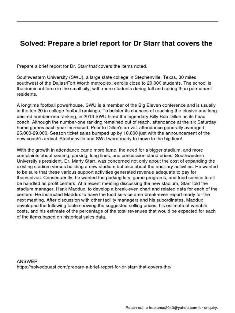 Prepare A Brief Report For DR Starr That Covers The | PDF