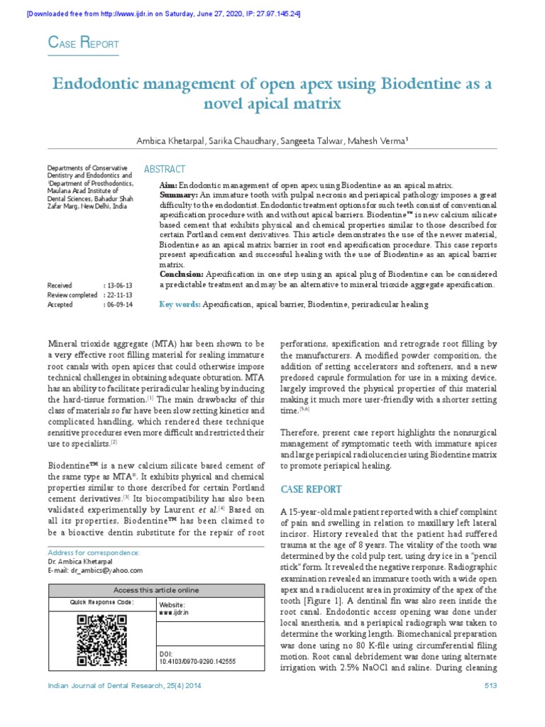 Endodontic Management of Open Apex Using Biodentine As A Novel Apical ...