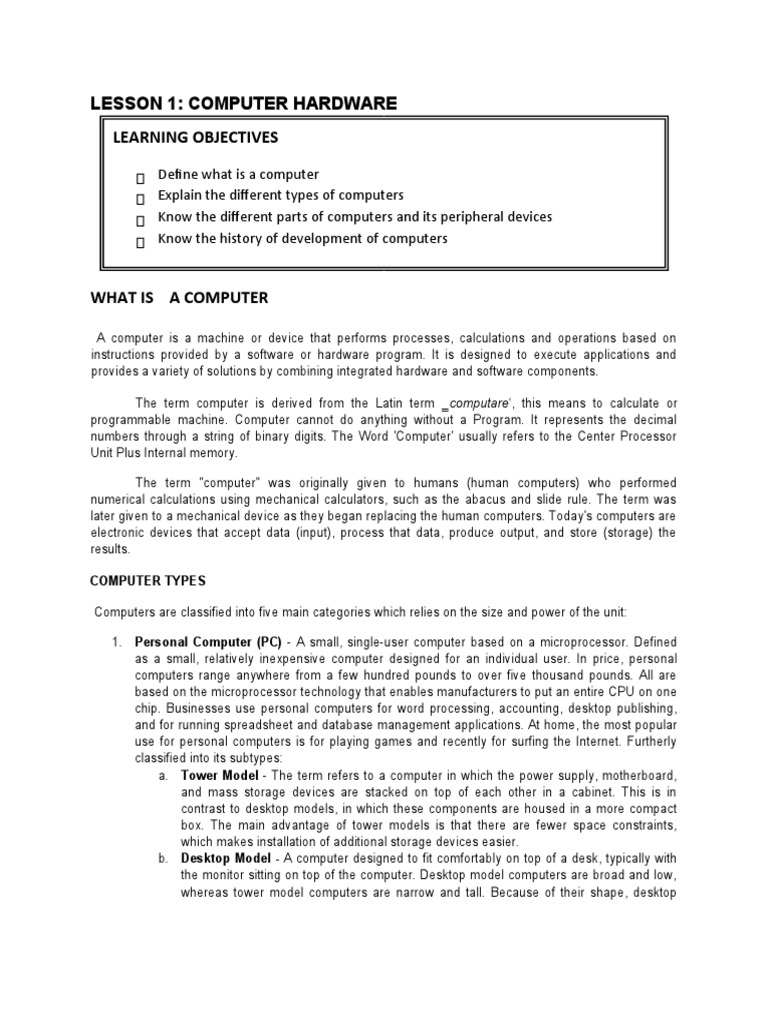 Lesson 1: Computer Hardware Learning Objectives | PDF | Personal ...