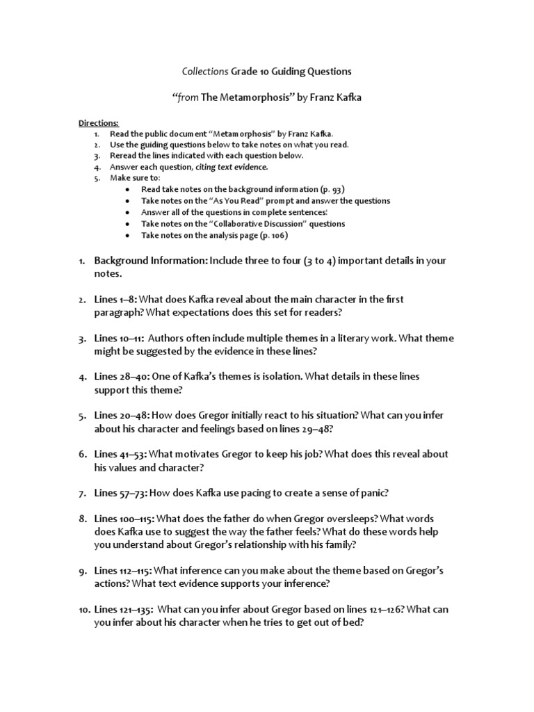 Metamorphosis Guiding Questions | PDF | The Metamorphosis | Franz Kafka