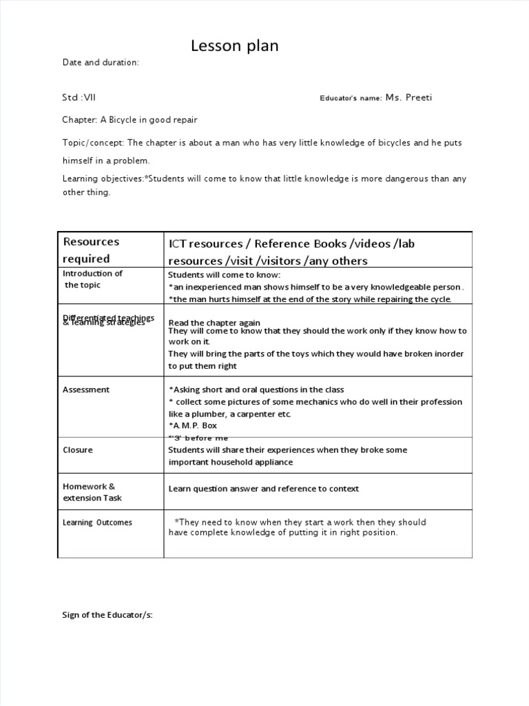 Lesson Plan: Resources Required ICT Resources / Reference Books /videos ...