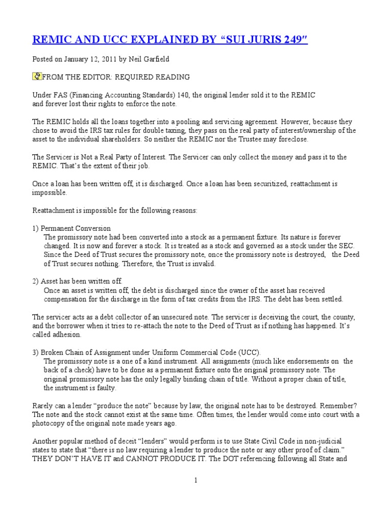 REMIC AND UCC EXPLAINED BY Plus Notes | PDF | Securitization | Mortgage ...