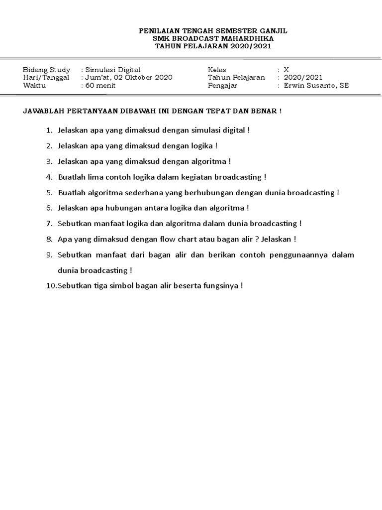 Soal PTS Ganjil SIMDIG KELAS X | PDF | Seni | Komputer