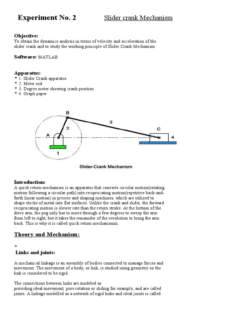 Experiment No. 2: Slider Crank Mechanism | PDF | Kinematics | Machines