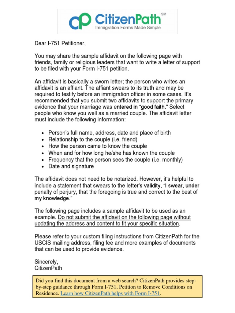 I-751-Affidavit-Sample 1 | PDF | Affidavit