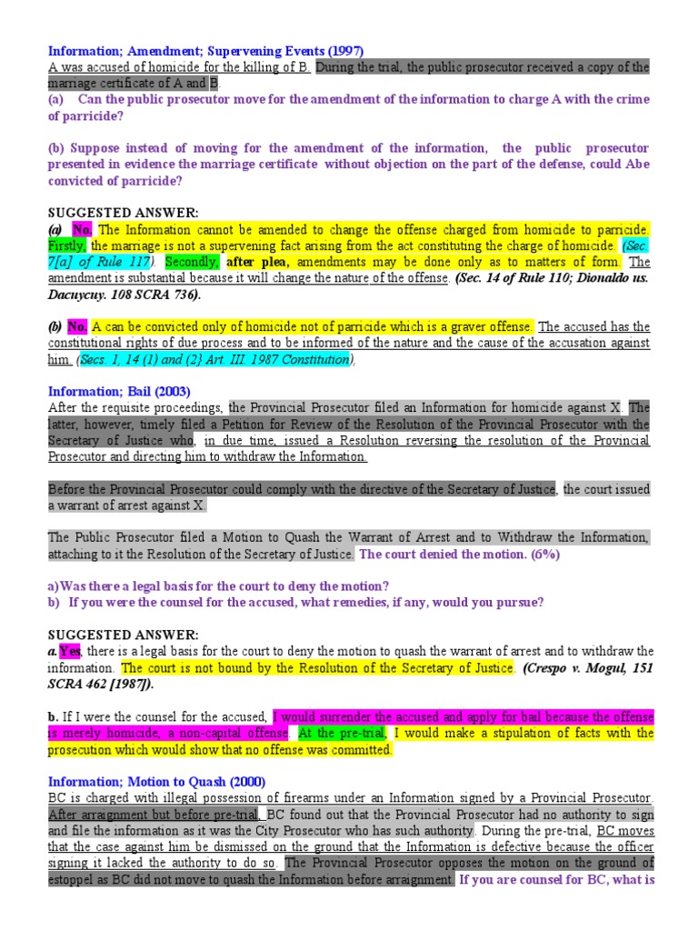Suggested Answer:: Information Amendment Supervening Events (1997) | PDF | Prosecutor | Bail