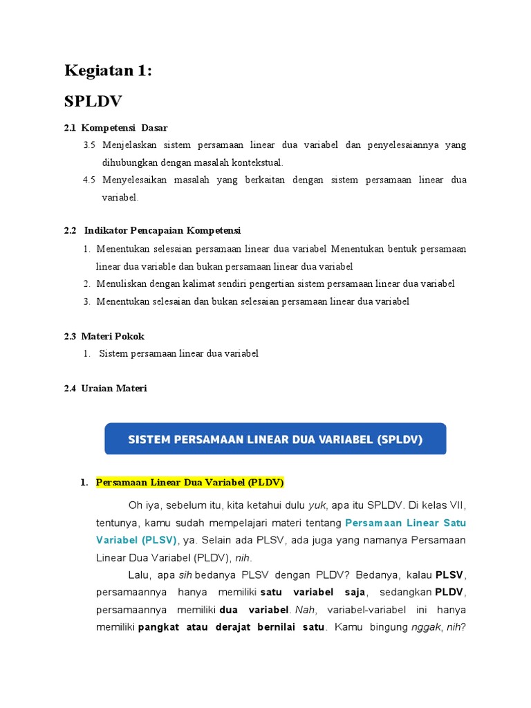 Ringkasan Materi SPLDV Pert. 1 | PDF