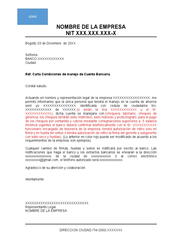 Modelo Carta Condiciones de Manejo de Cuenta Bancaria2 | PDF Modelo Carta Condiciones de Manejo de Cuenta Bancaria2 | PDF