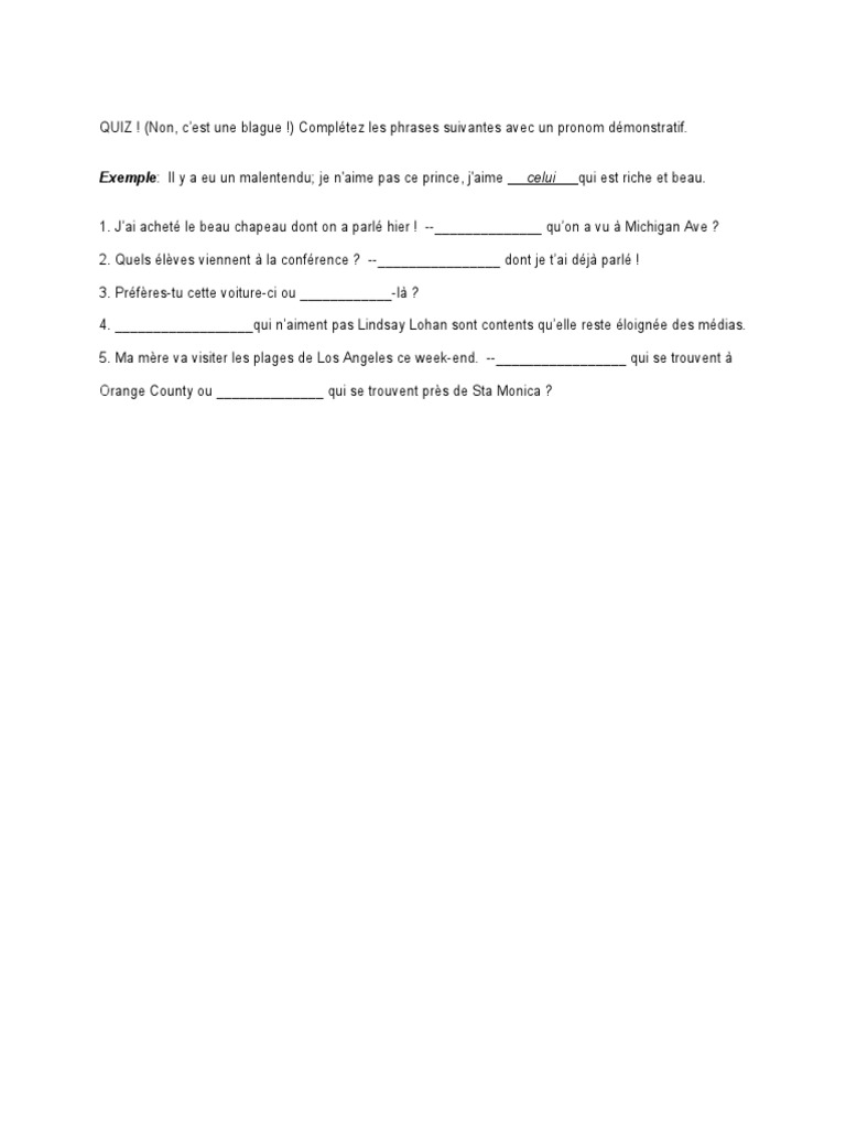 Quiz sur les pronoms démonstratifs | PDF