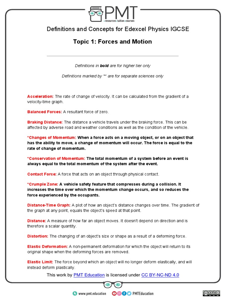 Definitions - Topic 1 - Forces and Motion - Edexcel Physics IGCSE | PDF ...