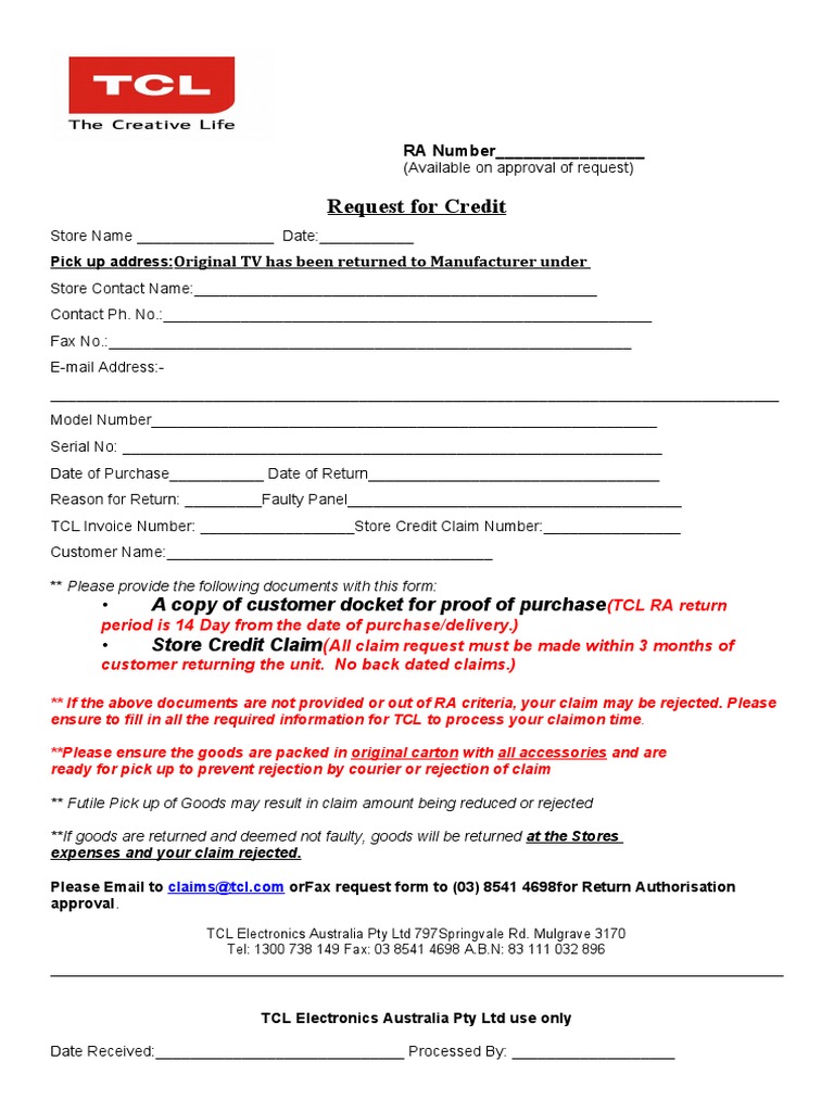 Request For Credit: RA Number | PDF