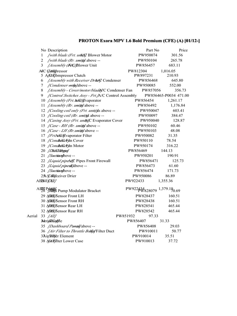 PROTON Exora MPV - SpareParts | PDF | Air Conditioning | Brake