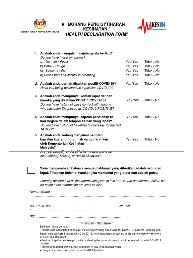 Health Declaration Form: Borang Pengisytiharan Kesihatan | PDF | Public Health | Respiratory ...