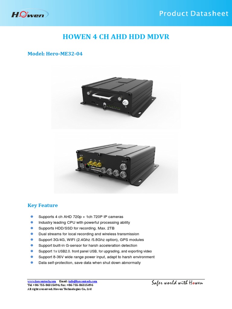 Howen 4 CH Ahd HDD MDVR: Model: Hero-ME32-04 | PDF | Video | Usb