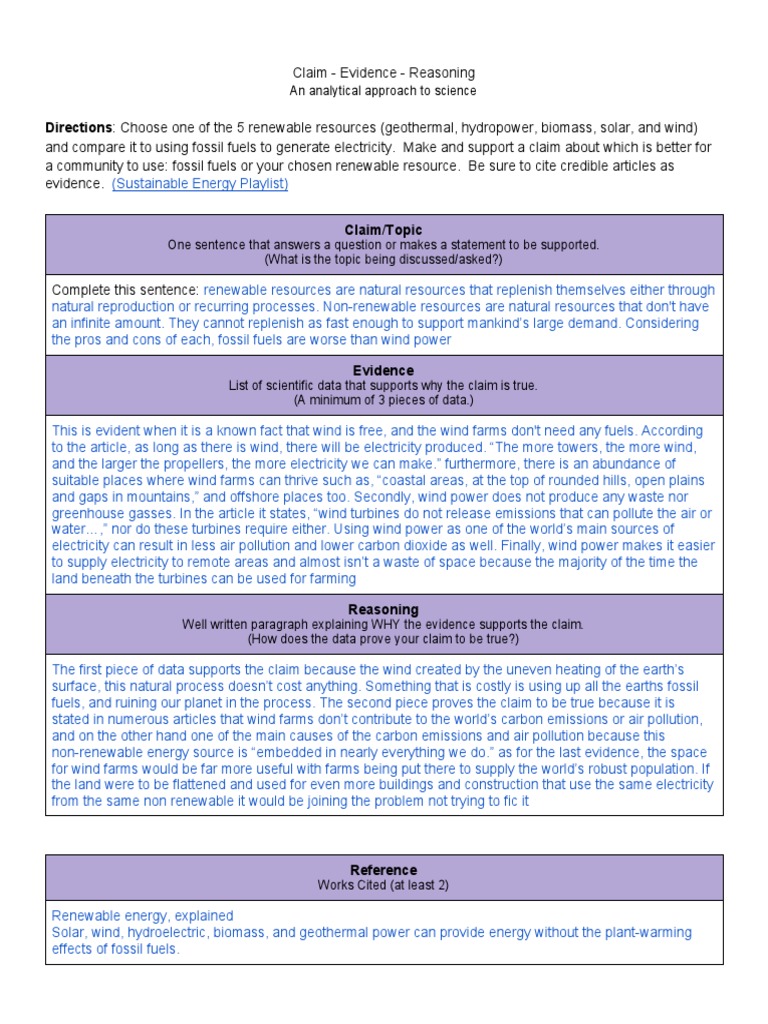 PA - Claim - Evidence - Reasoning | PDF | Renewable Energy | Wind Power