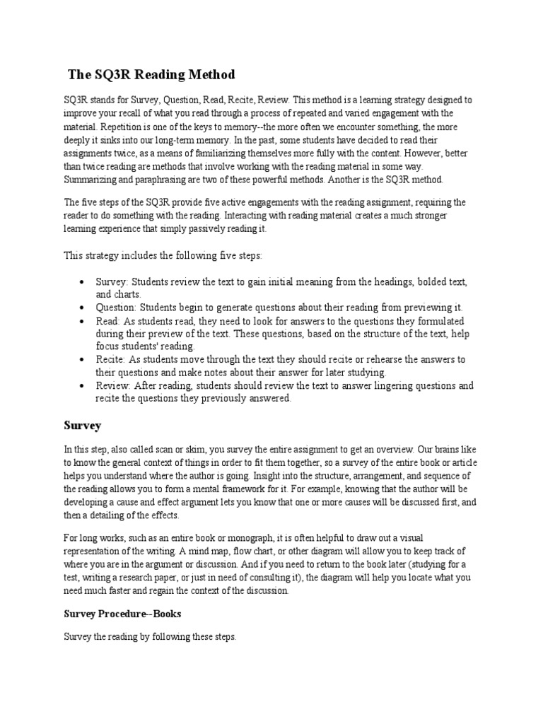 The SQ3R Reading Method: Survey | PDF | Books | Memory