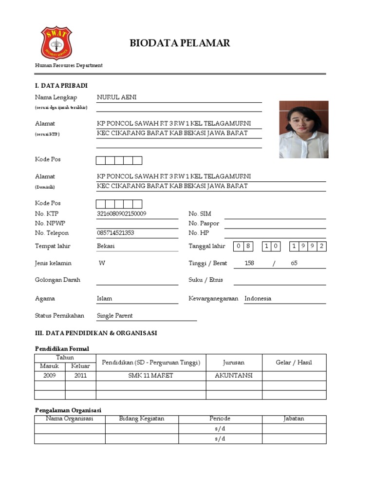Biodata Nurul Aeni | PDF