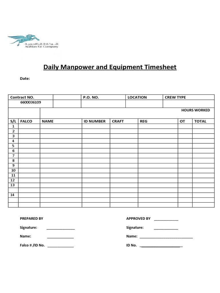 Daily Manpower and Equipment Timesheet: Date | PDF